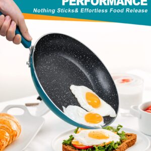 MICHELANGELO Nonstick Frying Pan with Lid, 10 Inch Frying Pan Nonstick, Enameled Non Stick Frying Pan with Silicone Handle, Nonstick Skillet with Granite Interior, Cyan