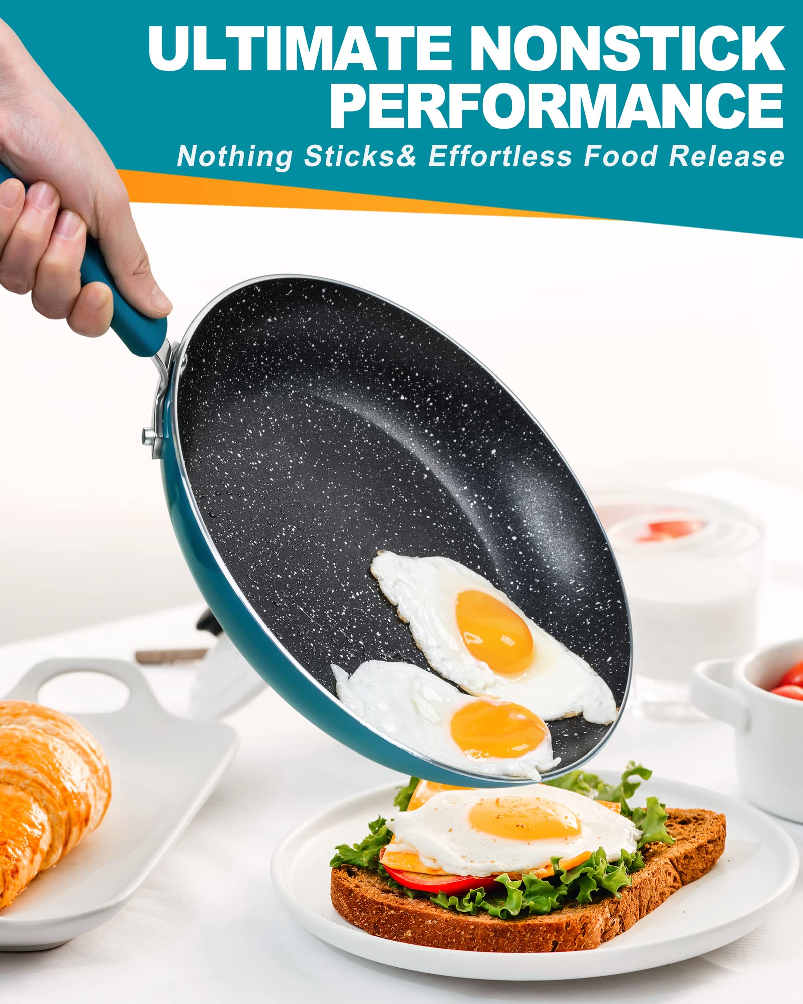 MICHELANGELO Nonstick Frying Pan with Lid, 10 Inch Frying Pan Nonstick, Enameled Non Stick Frying Pan with Silicone Handle, Nonstick Skillet with Granite Interior, Cyan