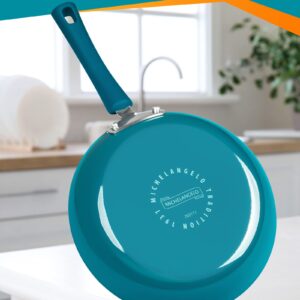 MICHELANGELO Nonstick Frying Pan with Lid, 10 Inch Frying Pan Nonstick, Enameled Non Stick Frying Pan with Silicone Handle, Nonstick Skillet with Granite Interior, Cyan