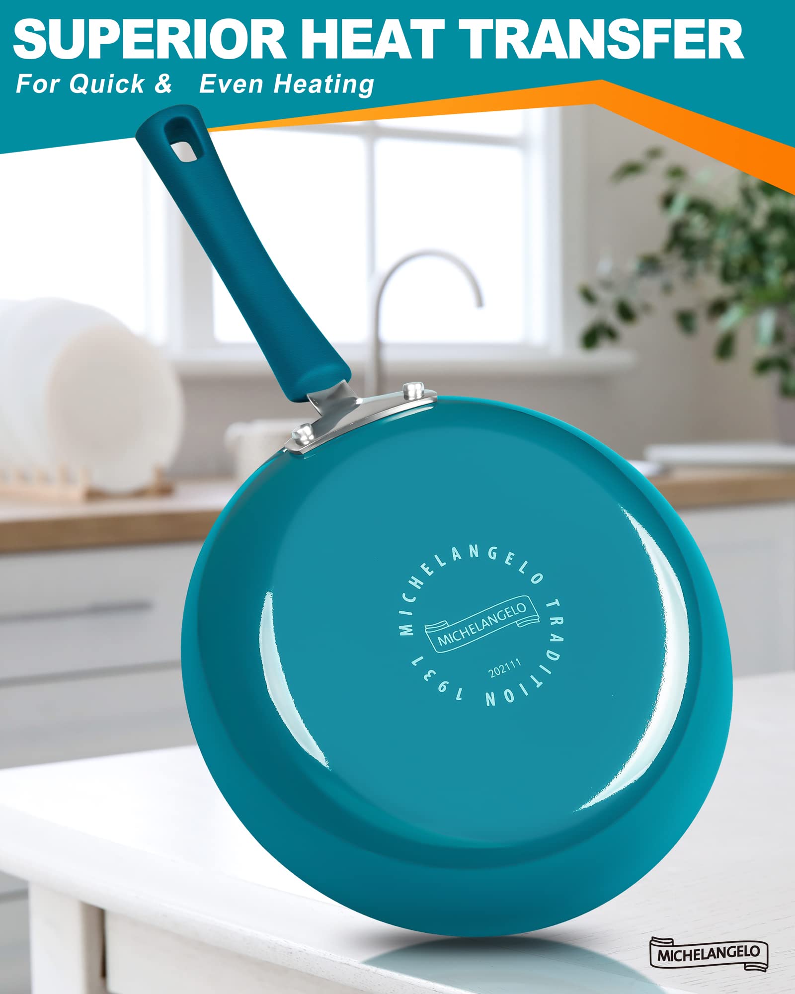 MICHELANGELO Nonstick Frying Pan with Lid, 10 Inch Frying Pan Nonstick, Enameled Non Stick Frying Pan with Silicone Handle, Nonstick Skillet with Granite Interior, Cyan