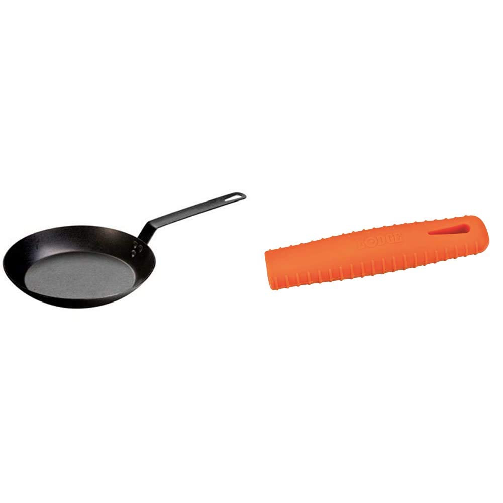 Lodge CRS10 Carbon Steel Skillet, Pre-Seasoned, 10-inch & ASCRHH61 Silicone Hot Handle Holders for Carbon Steel Pans, Orange