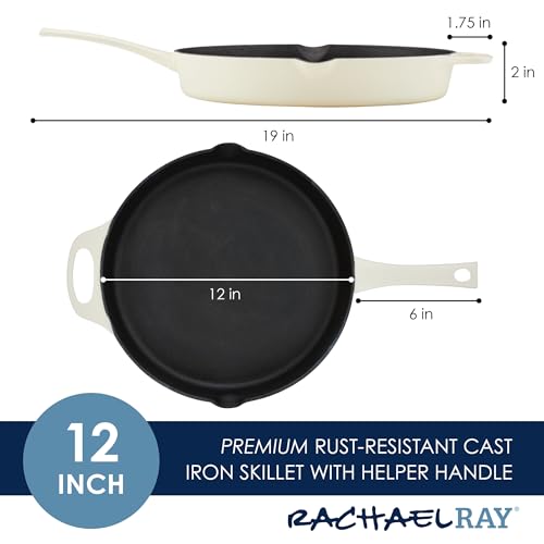 Rachael Ray NITRO Cast Iron Frying Pan/Skillet with Helper Handle and Pour Spouts, 12 Inch, Almond