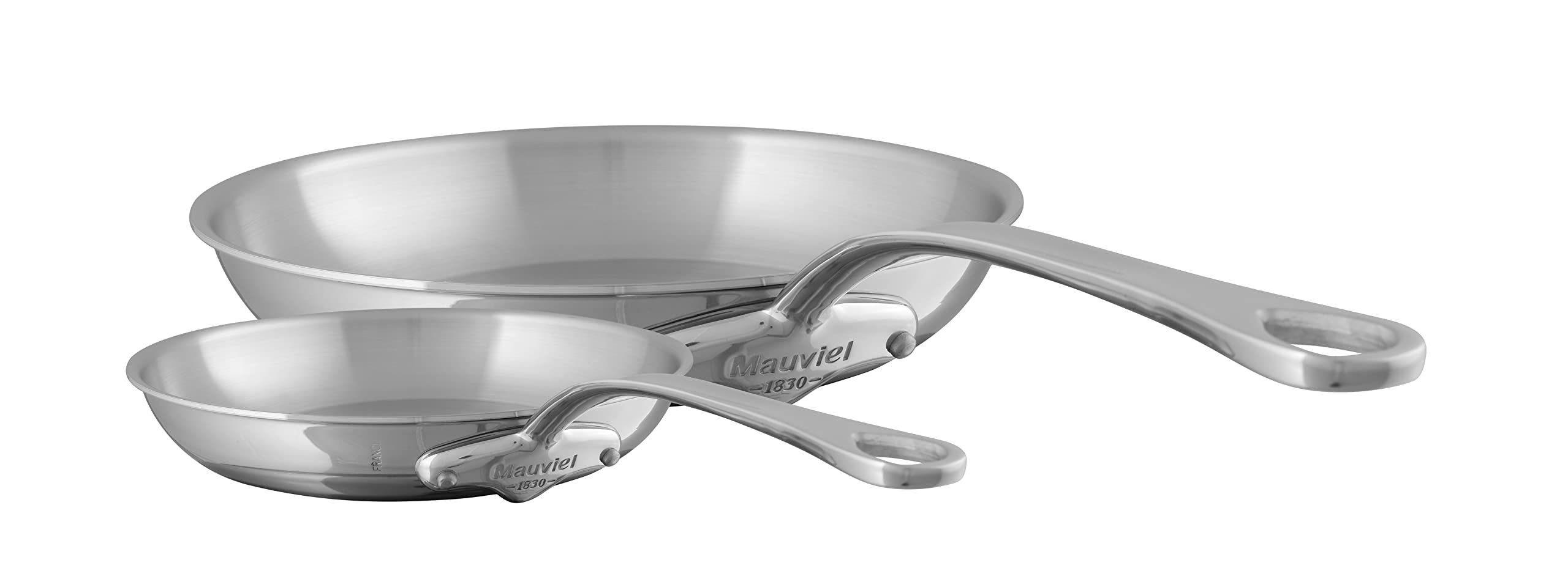 Mauviel M'Cook 5-Ply Polished Stainless Steel 2-Piece Frying Pan Set With Cast Stainless Steel Handles, Made In France