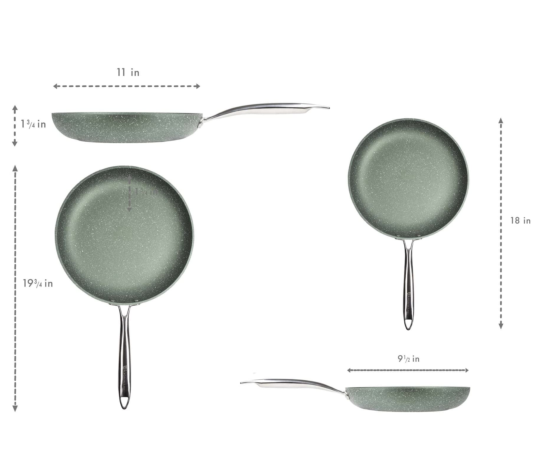 WaxonWare Induction Nonstick Frying Pan Set PFOA Free, Green, 9.5 & 11 Inch Non Stick Skillets, Metal Utensil Safe Emerald Series