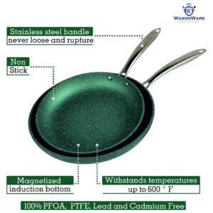 WaxonWare Induction Nonstick Frying Pan Set PFOA Free, Green, 9.5 & 11 Inch Non Stick Skillets, Metal Utensil Safe Emerald Series