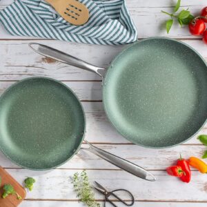 WaxonWare Induction Nonstick Frying Pan Set PFOA Free, Green, 9.5 & 11 Inch Non Stick Skillets, Metal Utensil Safe Emerald Series