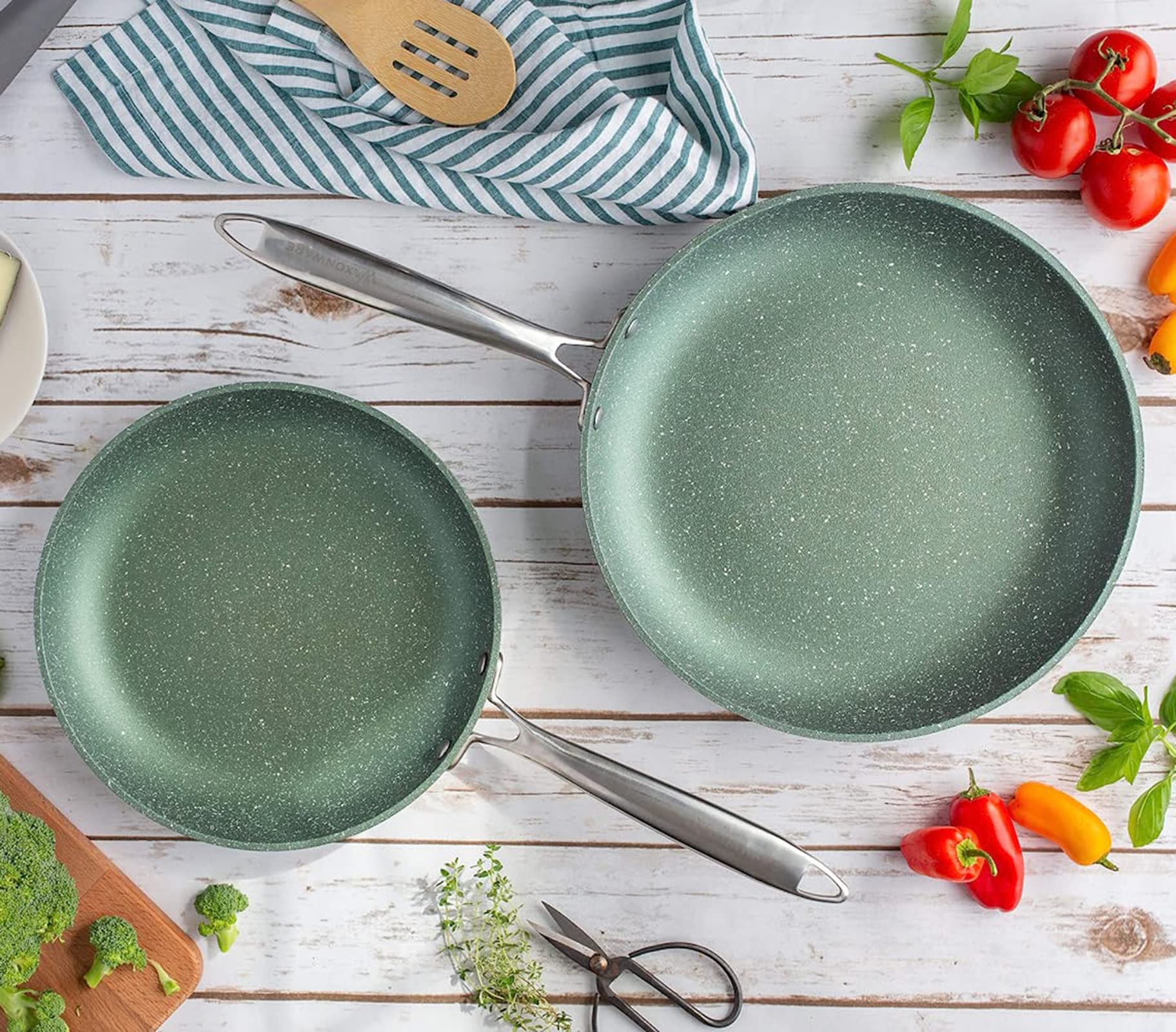 WaxonWare Induction Nonstick Frying Pan Set PFOA Free, Green, 9.5 & 11 Inch Non Stick Skillets, Metal Utensil Safe Emerald Series