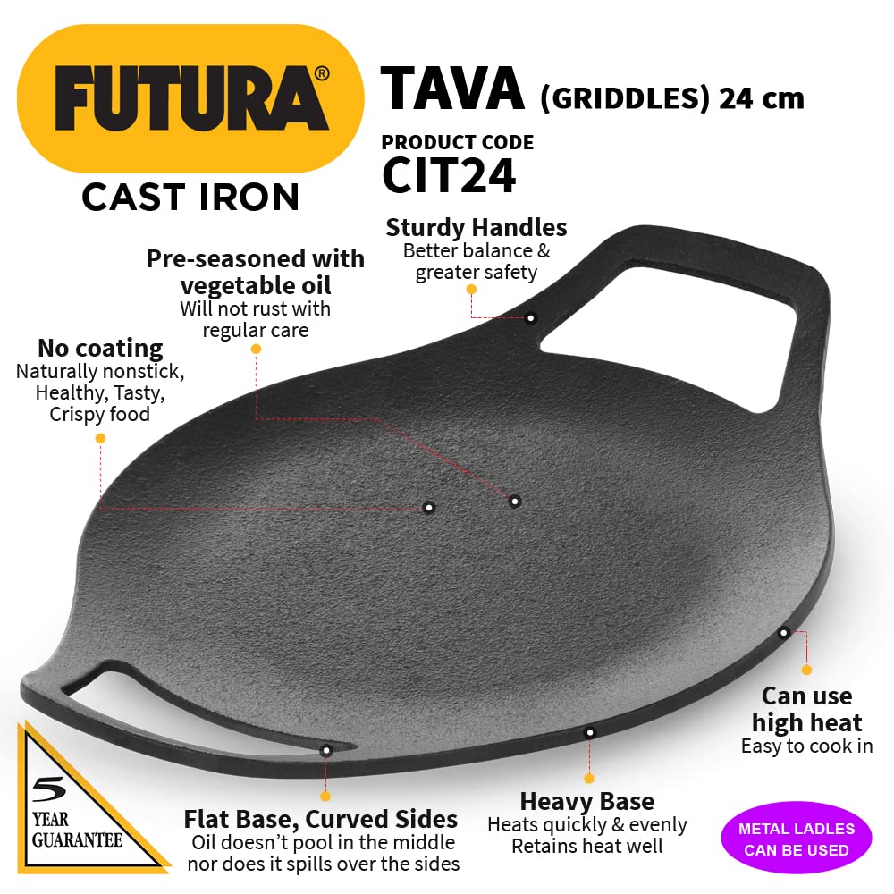 HAWKINS Futura 24 cm Cast Iron Tava, Cast Iron Tawa for Roti, Cast Iron Cookware for Kitchen, Black (CIT24)