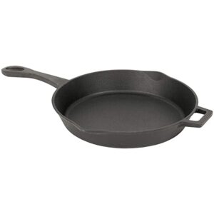 bayou classic 7434 14-in cast iron skillet features helper handle and pour spouts perfect for searing braising frying and baking pies and cobblers