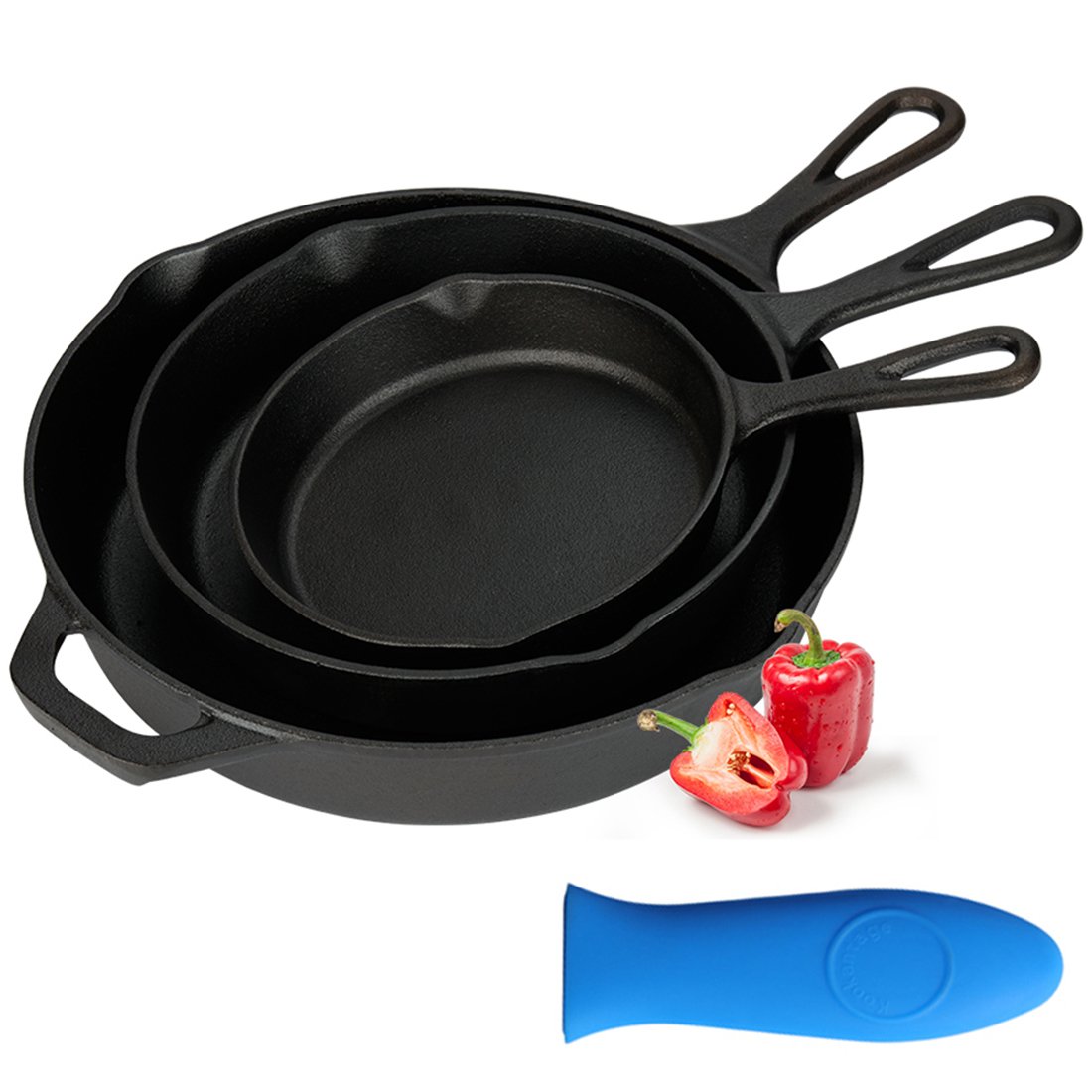 Kookantage Cast Iron Skillet Pre-Seasoned Cookware-6", 8", 10" Pans 3 Piece Set Heavy Duty Professional Chef Tools with Silicone Hot Handle Holder