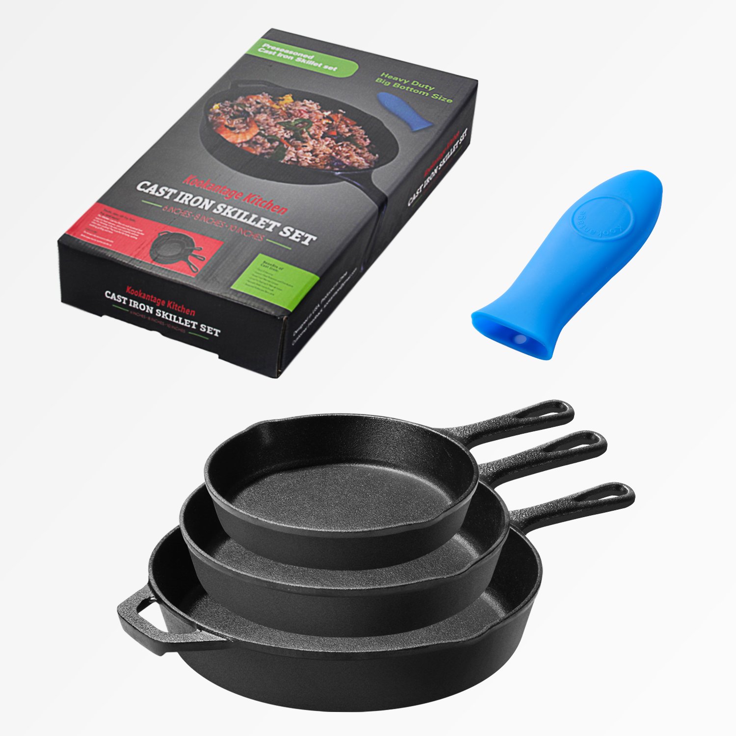 Kookantage Cast Iron Skillet Pre-Seasoned Cookware-6", 8", 10" Pans 3 Piece Set Heavy Duty Professional Chef Tools with Silicone Hot Handle Holder