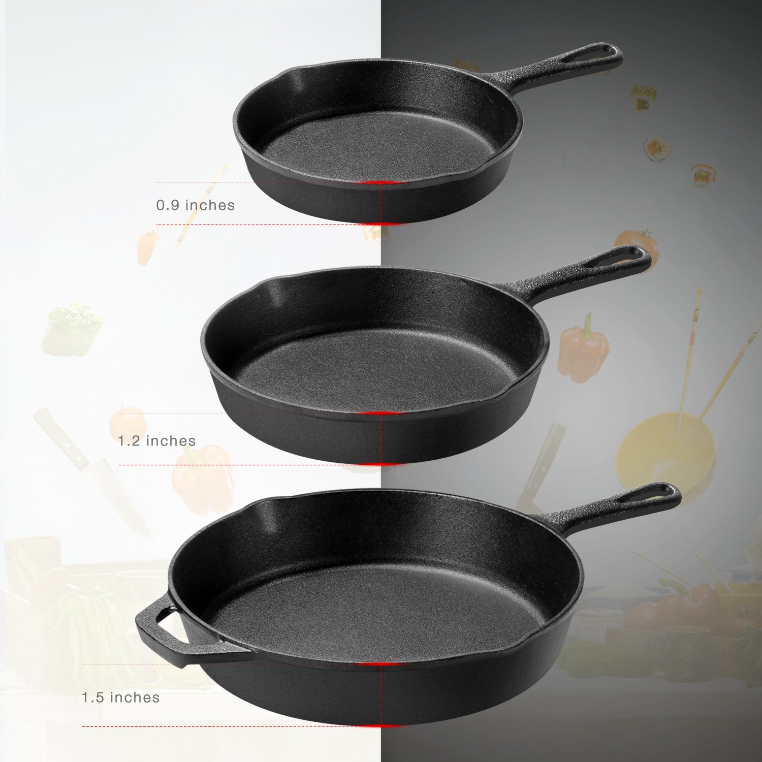 Kookantage Cast Iron Skillet Pre-Seasoned Cookware-6", 8", 10" Pans 3 Piece Set Heavy Duty Professional Chef Tools with Silicone Hot Handle Holder