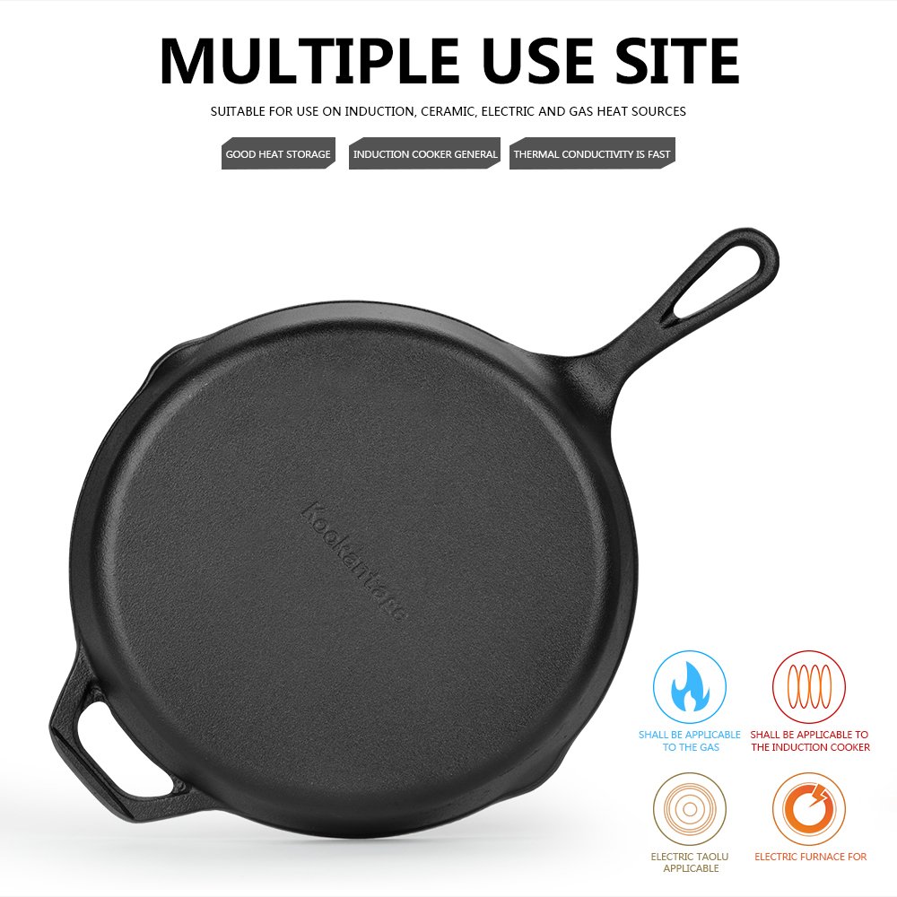 Kookantage Cast Iron Skillet Pre-Seasoned Cookware-6", 8", 10" Pans 3 Piece Set Heavy Duty Professional Chef Tools with Silicone Hot Handle Holder