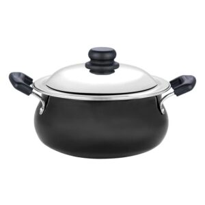 vinod black pearl hard anodised handi – stainless steel lid – junior size – 3 liters (3.2 quarts) – suitable for biryani, pulao, gravy, curry – aluminium pot – riveted handles - metal spoon friendly