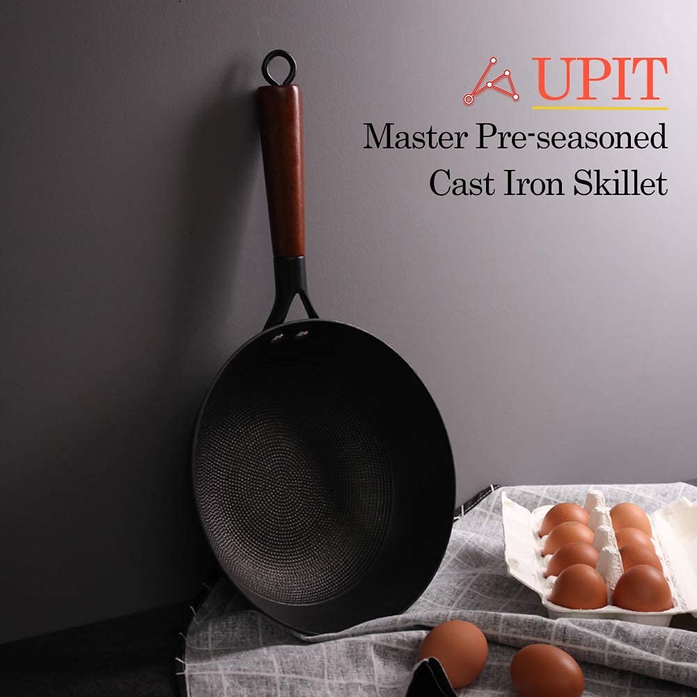 UPIT Master Preseasoned Cast Iron Skillet, Nonstick Rustproof Lightweight Pan with Wooden Handle, 9.5 inches