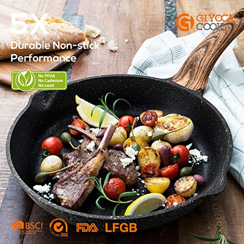 Giyoca Cook Nonstick Granite Frying Pan Skillet,Die-cast Aluminum Scratch Resistant, Induction Compatible Bottom, Egg Pan Omelet Pans, Chef's Pan, PFOA Free (9.5 inches, Marble Black)