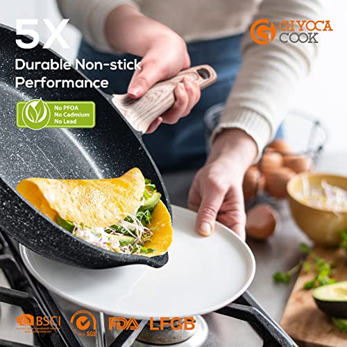 Giyoca Cook Nonstick Granite Frying Pan Skillet,Die-cast Aluminum Scratch Resistant, Induction Compatible Bottom, Egg Pan Omelet Pans, Chef's Pan, PFOA Free (9.5 inches, Marble Black)