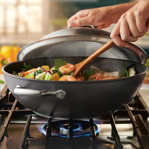 Anolon Accolade Forged Hard Anodized Nonstick Wok / Stir Fry Pan with Lid, 13.5 Inch - Moonstone Gray