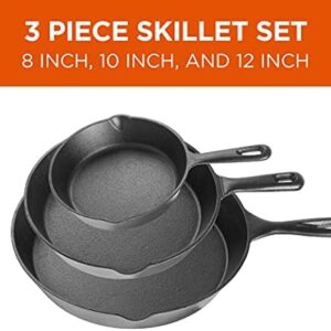 3 Piece Cast Iron Skillet Set, Pre-seasoned (8", 10.5", 12")