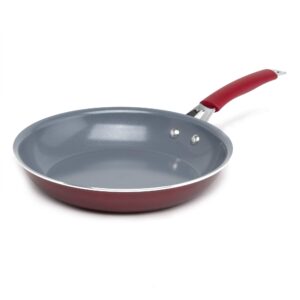 cooking light nonstick ceramic fry pan, dishwasher safe, scratch resistant, easy food release interior, cool touch handle and even heating base, 11-inch fry pan, red