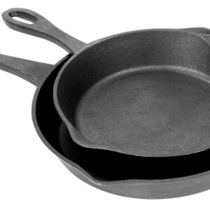 Bayou Classic 7457 8-in and 10-in Cast Iron Skillet Set w/Pour Spouts Perfect For Breakfast Pan Frying Sautéing and Baking