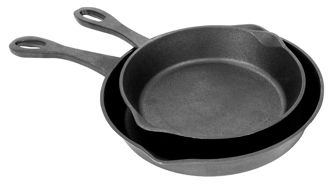 Bayou Classic 7457 8-in and 10-in Cast Iron Skillet Set w/Pour Spouts Perfect For Breakfast Pan Frying Sautéing and Baking