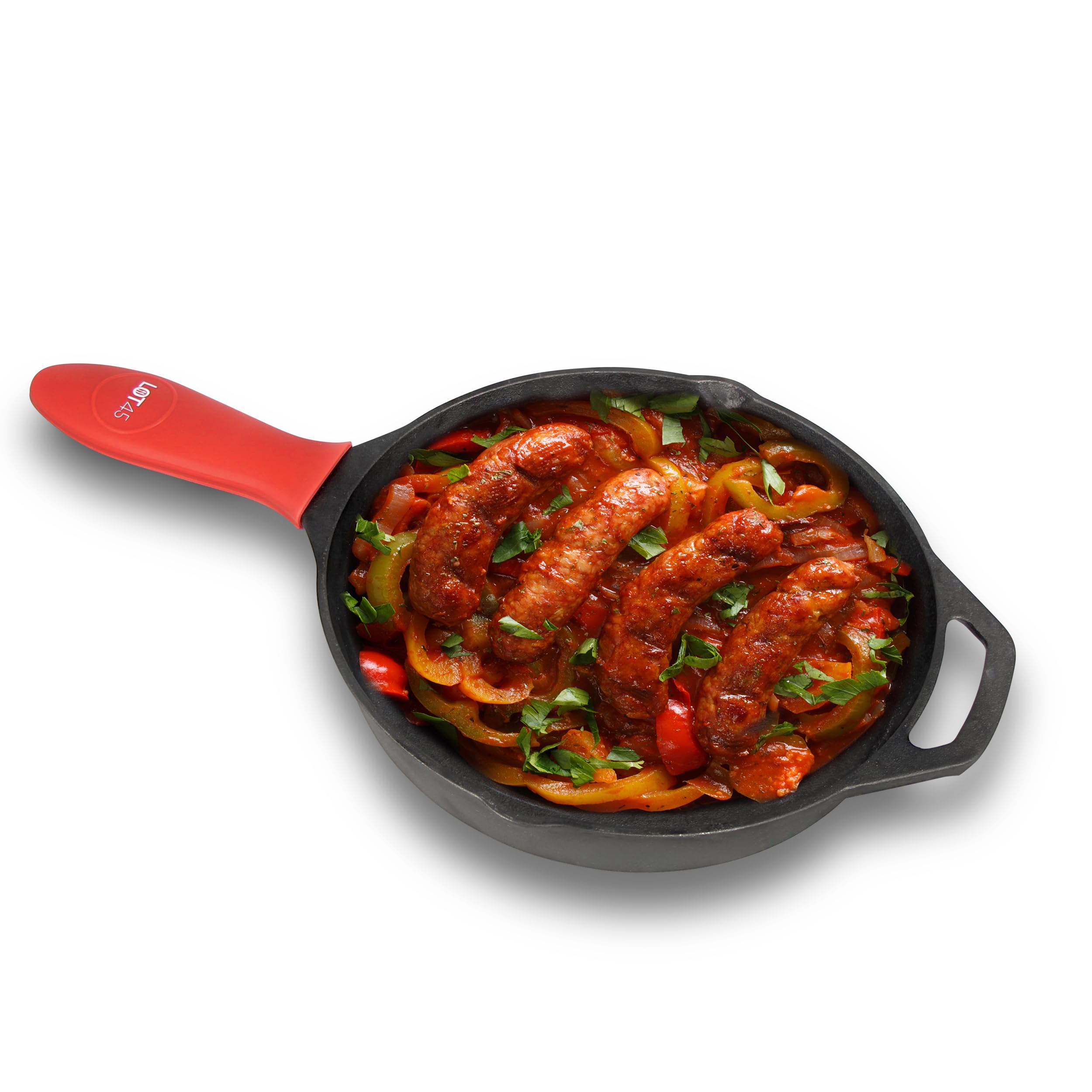 Lot45 Cast Iron Skillet with Silicone Handle Cover - 10in Cooking Round Cookware Frying Pan for Camping with Pot Holder