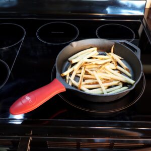 Lot45 Cast Iron Skillet with Silicone Handle Cover - 10in Cooking Round Cookware Frying Pan for Camping with Pot Holder