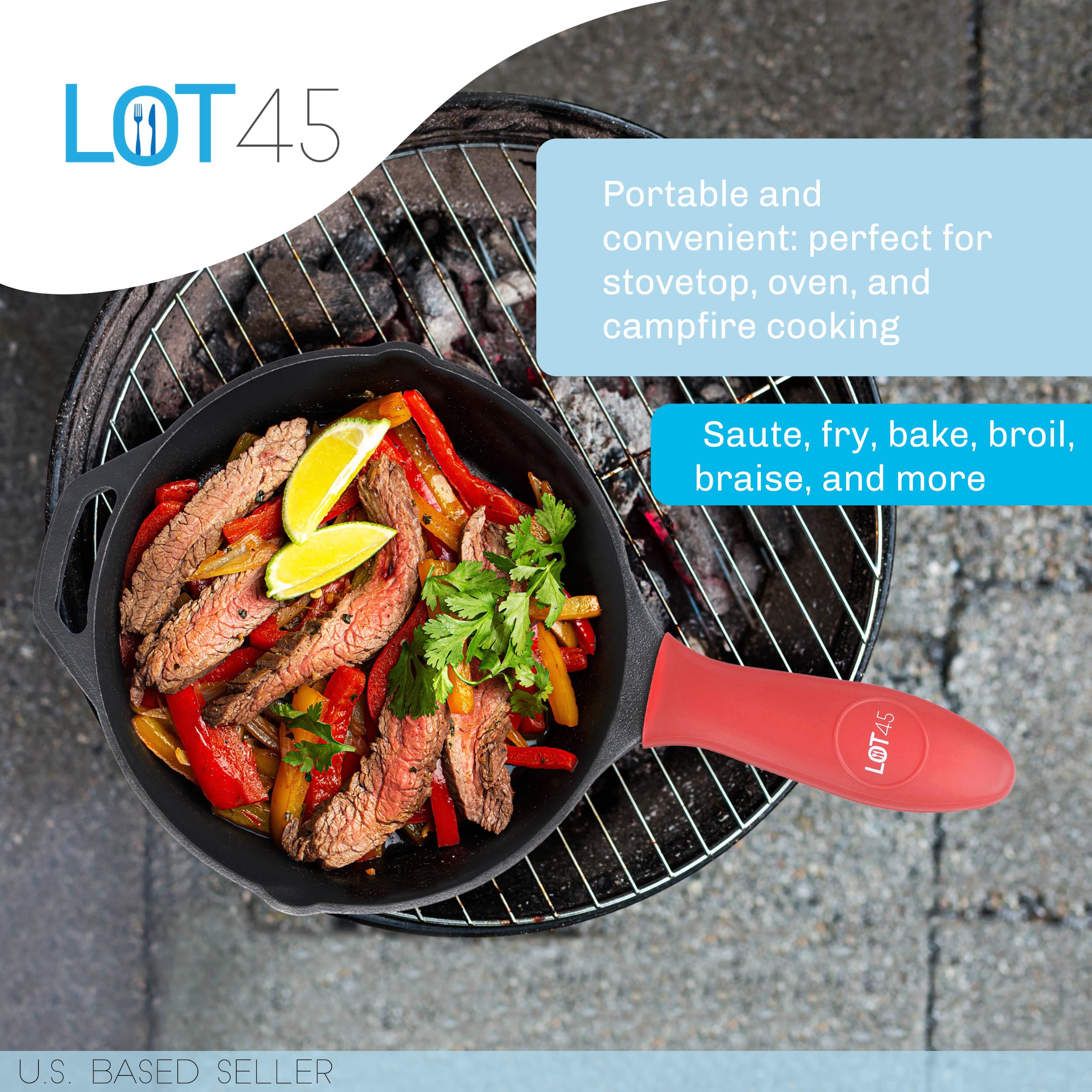 Lot45 Cast Iron Skillet with Silicone Handle Cover - 10in Cooking Round Cookware Frying Pan for Camping with Pot Holder