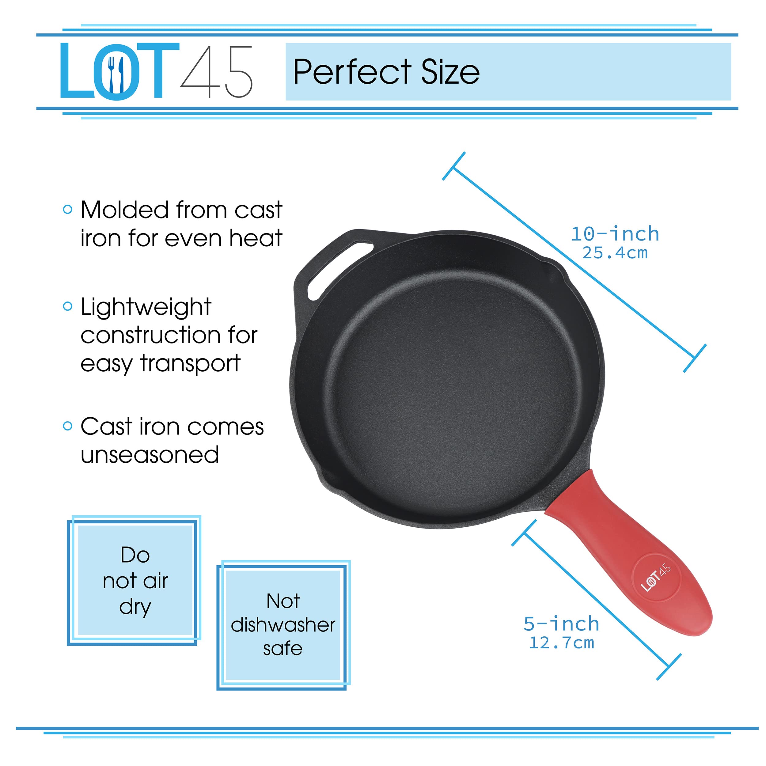 Lot45 Cast Iron Skillet with Silicone Handle Cover - 10in Cooking Round Cookware Frying Pan for Camping with Pot Holder