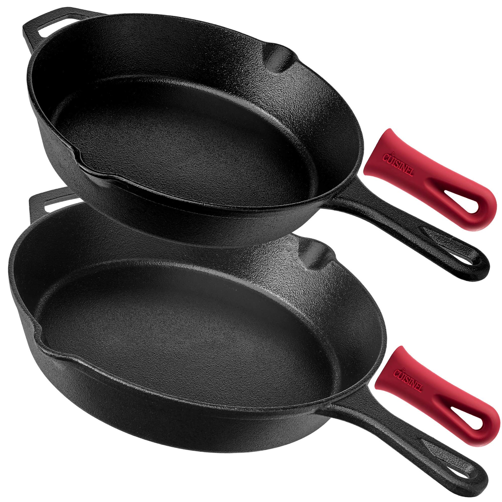 Cuisinel Pre-Seasoned Cast Iron Skillet 2-Piece Set (10-Inch and 12-Inch) Oven Safe Cookware - 2 Heat-Resistant Holders - Indoor and Outdoor Use - Grill, Stovetop, Induction Safe