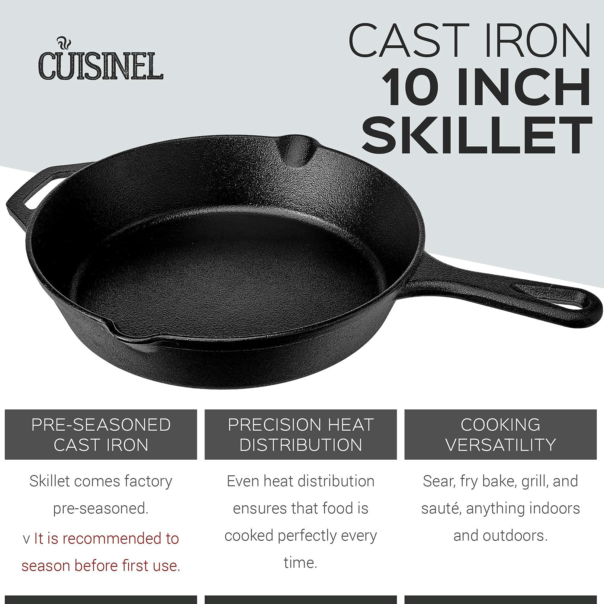 Cuisinel Pre-Seasoned Cast Iron Skillet 2-Piece Set (10-Inch and 12-Inch) Oven Safe Cookware - 2 Heat-Resistant Holders - Indoor and Outdoor Use - Grill, Stovetop, Induction Safe