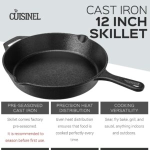 Cuisinel Pre-Seasoned Cast Iron Skillet 2-Piece Set (10-Inch and 12-Inch) Oven Safe Cookware - 2 Heat-Resistant Holders - Indoor and Outdoor Use - Grill, Stovetop, Induction Safe