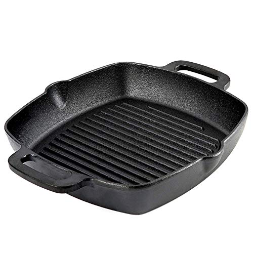 PR PeakRous Cast Iron Grill Pan Skillet Square for Stove Top and Oven with Two Silicone Handles 10 inch