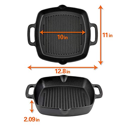 PR PeakRous Cast Iron Grill Pan Skillet Square for Stove Top and Oven with Two Silicone Handles 10 inch