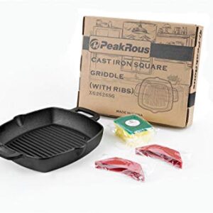 PR PeakRous Cast Iron Grill Pan Skillet Square for Stove Top and Oven with Two Silicone Handles 10 inch