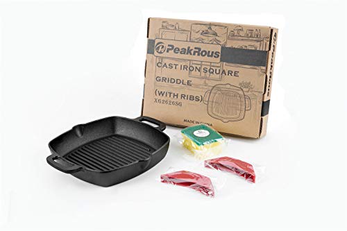 PR PeakRous Cast Iron Grill Pan Skillet Square for Stove Top and Oven with Two Silicone Handles 10 inch