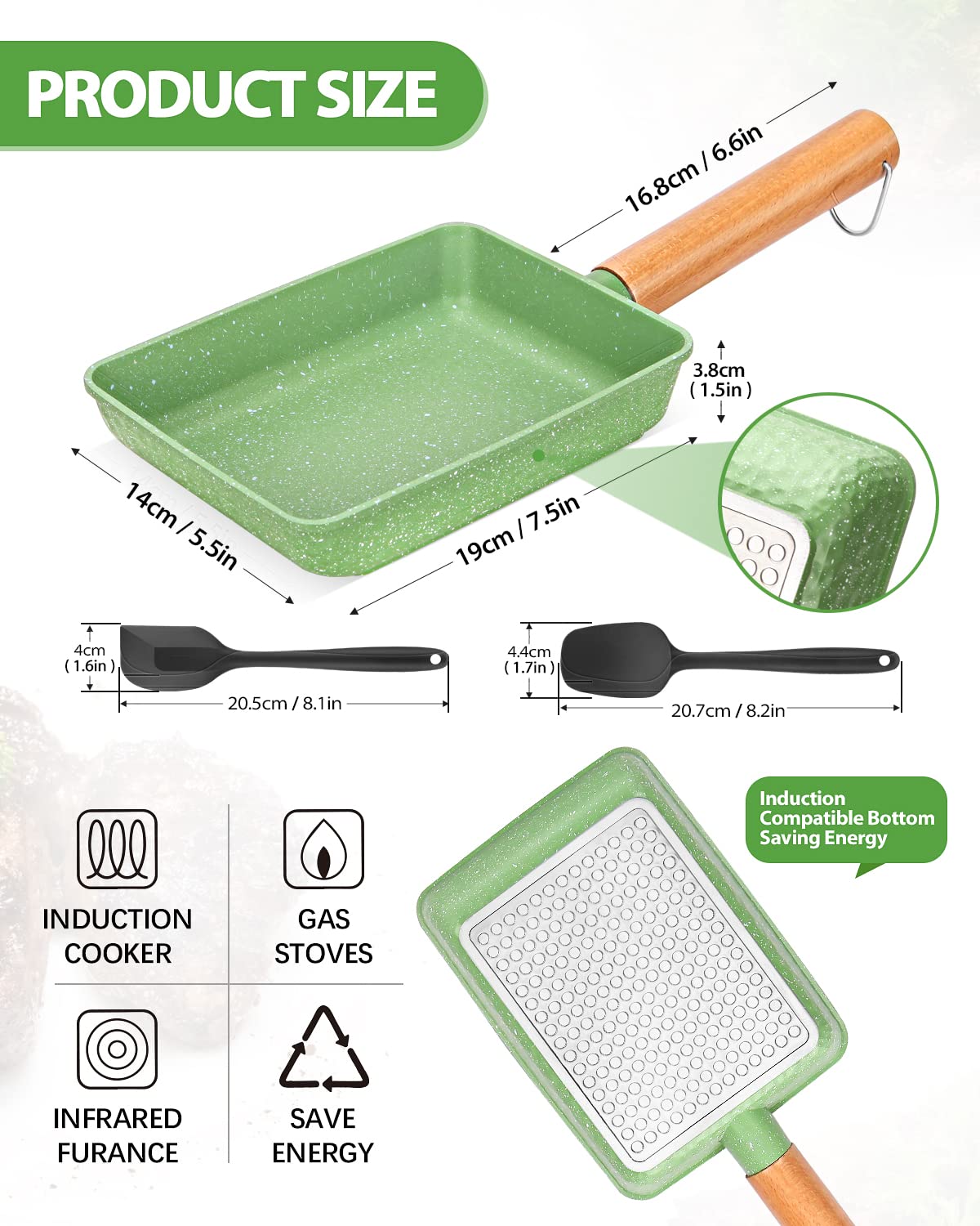 BUNDLEPRO Japanese Omelette Pan, Non Stick Tamagoyaki Eggs Frying Pan, Square Granite Cookware set, Small Induction Skillet with Silicone Spatulas for Breakfast(7.1inch)