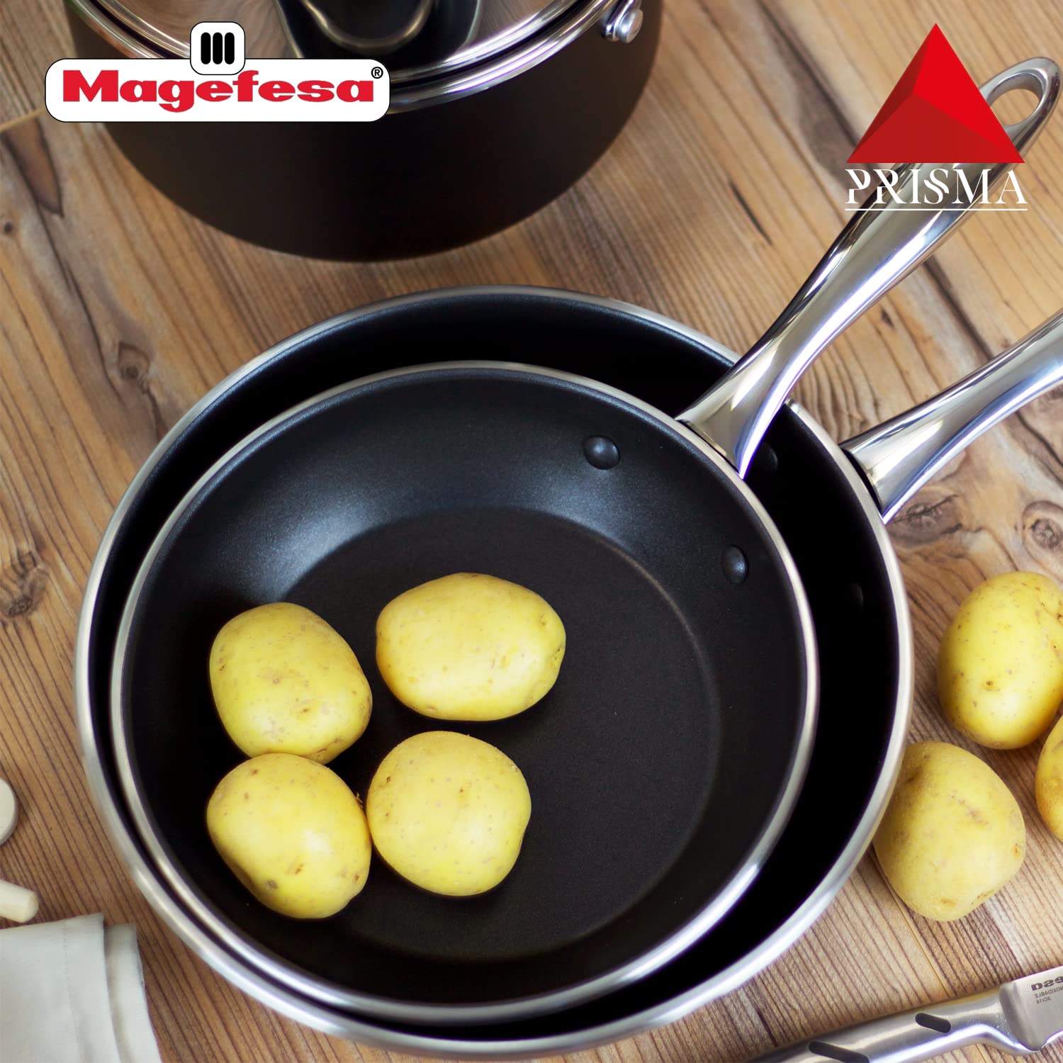 MAGEFESA Prisma – 9.4 inches Skillet, frying pan, made in 18/10 stainless steel, triple layer non-stick, for all types of kitchens, INDUCTION, dishwasher and oven safe up to 392ºF