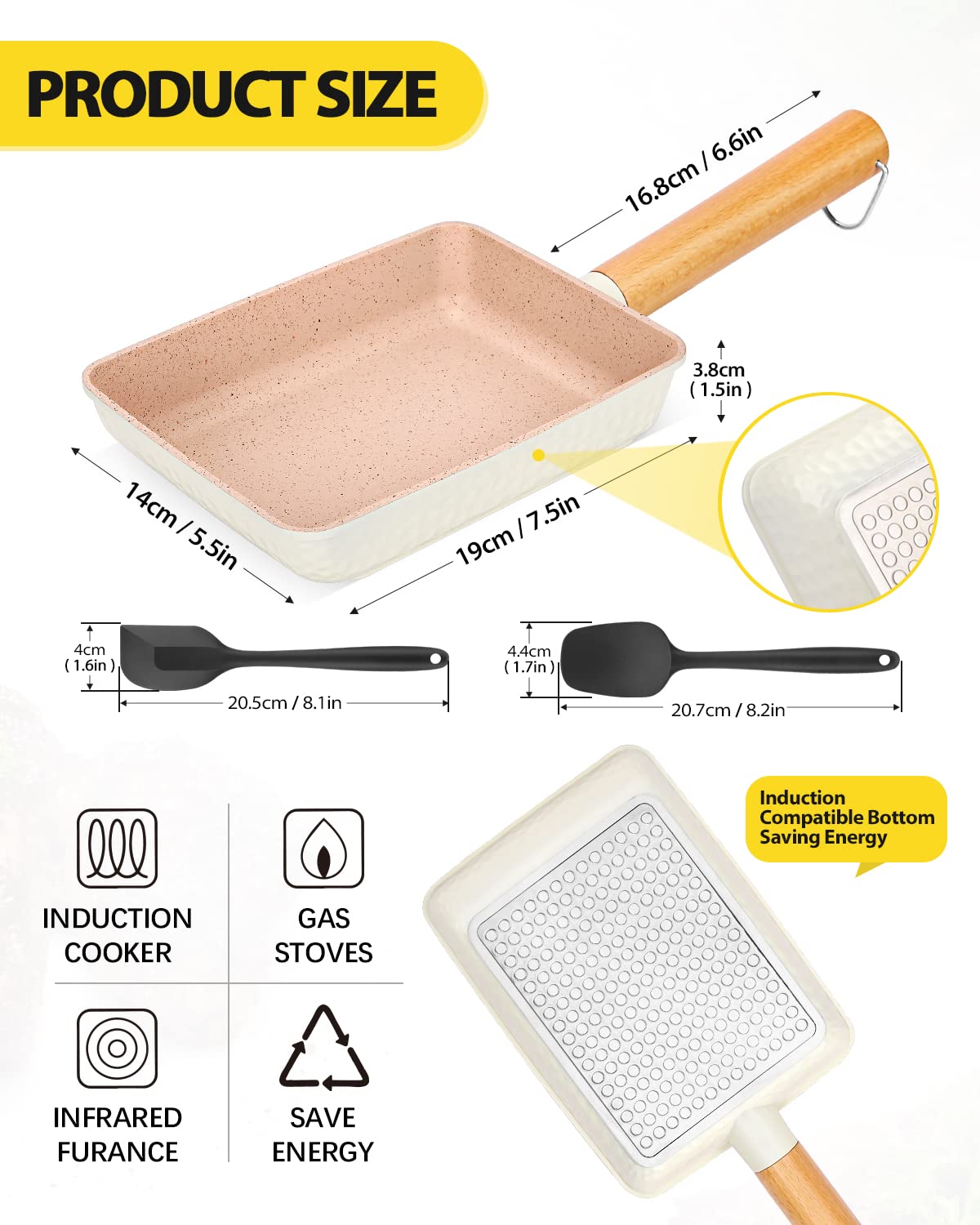 BUNDLEPRO Japanese Omelette Pan, Non Stick Tamagoyaki Eggs Frying Pan, Square Granite Cookware set, 7.1''Small Induction Skillet with Silicone Spatulas for Breakfast