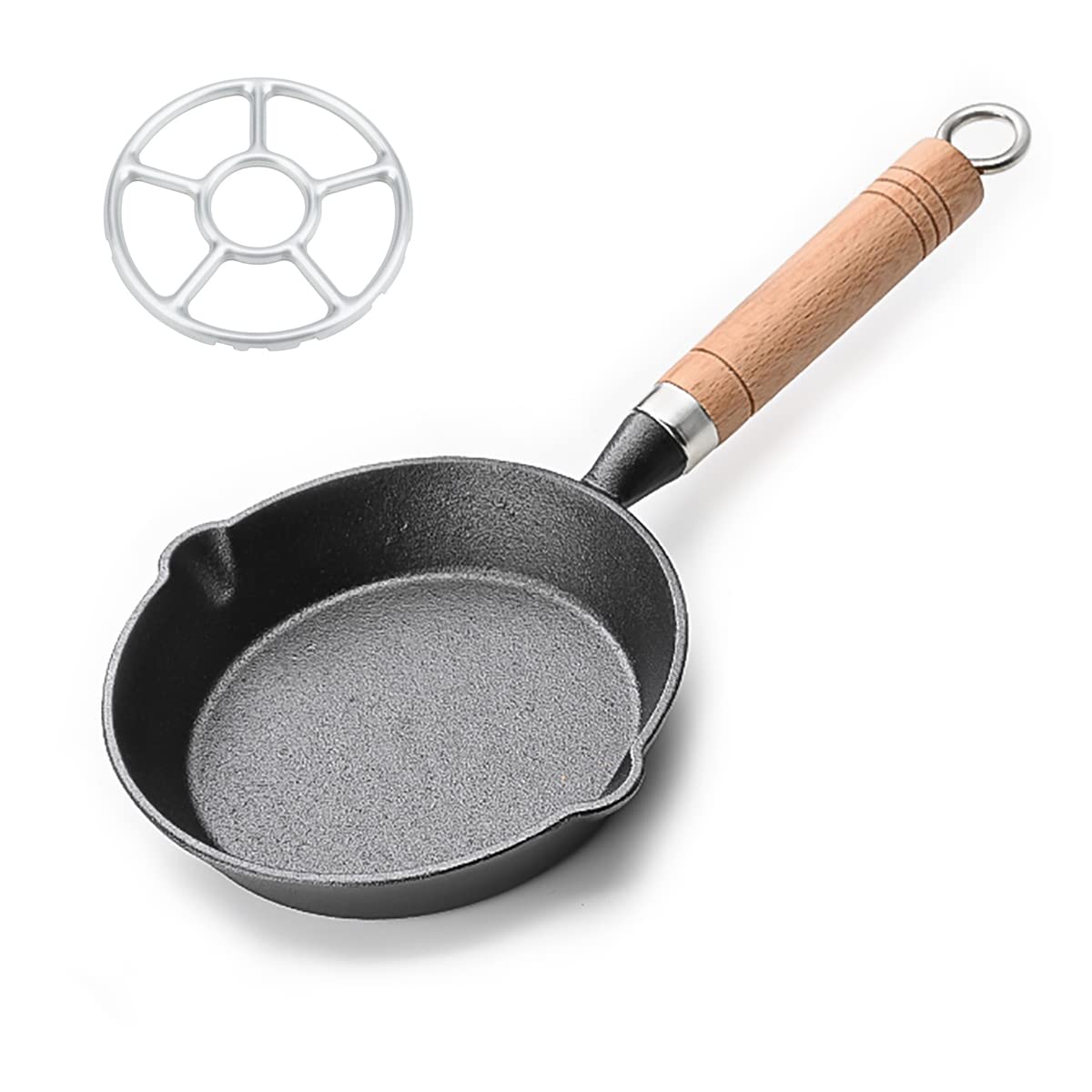 Mini Frying Pan Set with Burner Grate, 5.9" Small Coating-Free Cast Iron Skillet Pan with Removable Heat-Resistant Wooden Handle, Omelet Pans, Portable Egg Frying Pan for Camping