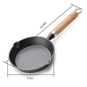 Mini Frying Pan Set with Burner Grate, 5.9" Small Coating-Free Cast Iron Skillet Pan with Removable Heat-Resistant Wooden Handle, Omelet Pans, Portable Egg Frying Pan for Camping