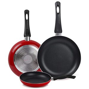 hugood nonstick frying pan set - 3 piece, peek coating non-stick frying pan cookware, skillet set for induction cooktop, gas, electric,8 inch, 9.5 inch and 11 inch, dishwasher-safe, red & black