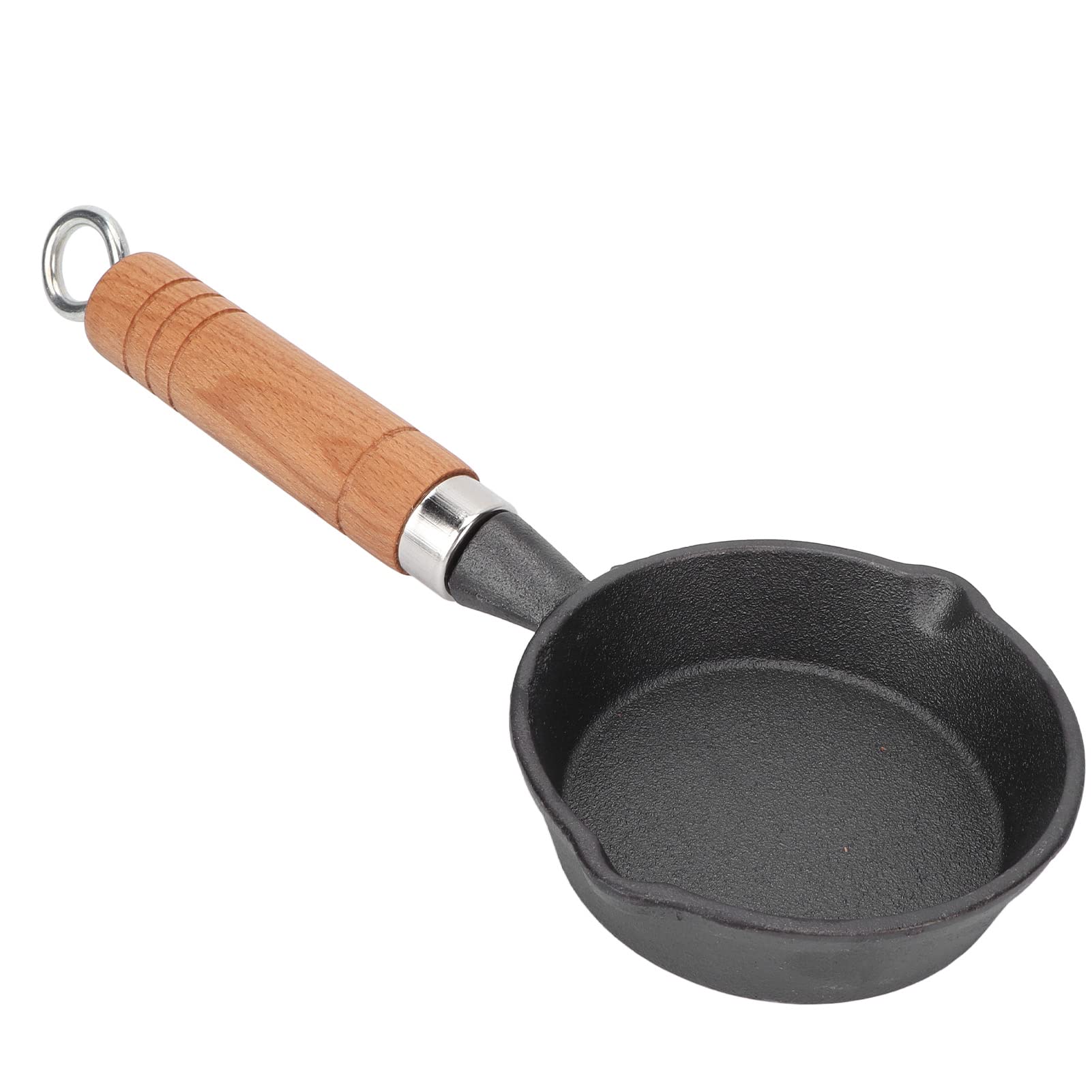 Mini Cast Iron Skillet, 3.9in Frying Pan with Drip Spouts and Wooden Handle Single Egg Frying Pan Round Mini Fry Pan for Cooking Baking Cookie Brownie