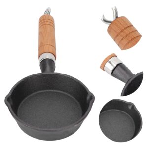 Mini Cast Iron Skillet, 3.9in Frying Pan with Drip Spouts and Wooden Handle Single Egg Frying Pan Round Mini Fry Pan for Cooking Baking Cookie Brownie