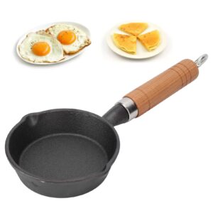 Mini Cast Iron Skillet, 3.9in Frying Pan with Drip Spouts and Wooden Handle Single Egg Frying Pan Round Mini Fry Pan for Cooking Baking Cookie Brownie