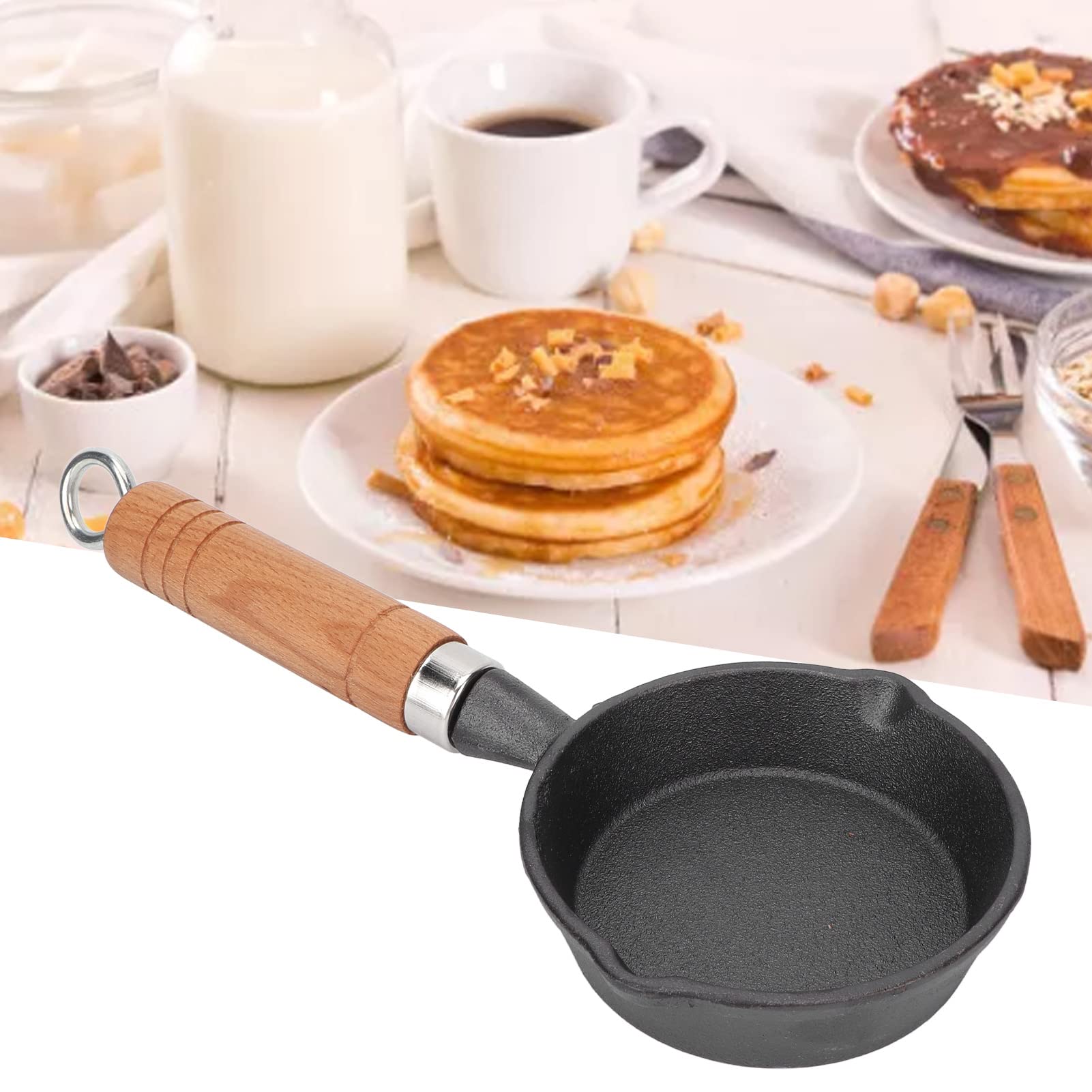 Mini Cast Iron Skillet, 3.9in Frying Pan with Drip Spouts and Wooden Handle Single Egg Frying Pan Round Mini Fry Pan for Cooking Baking Cookie Brownie