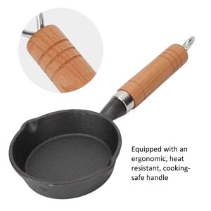 Mini Cast Iron Skillet, 3.9in Frying Pan with Drip Spouts and Wooden Handle Single Egg Frying Pan Round Mini Fry Pan for Cooking Baking Cookie Brownie