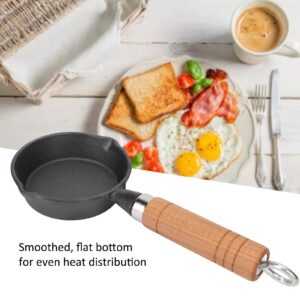 Mini Cast Iron Skillet, 3.9in Frying Pan with Drip Spouts and Wooden Handle Single Egg Frying Pan Round Mini Fry Pan for Cooking Baking Cookie Brownie