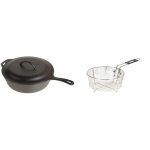 lodge l10cf3 cast iron covered deep skillet, pre-seasoned, 5-quart & 10fb2 deep fry basket, 10.25-inch